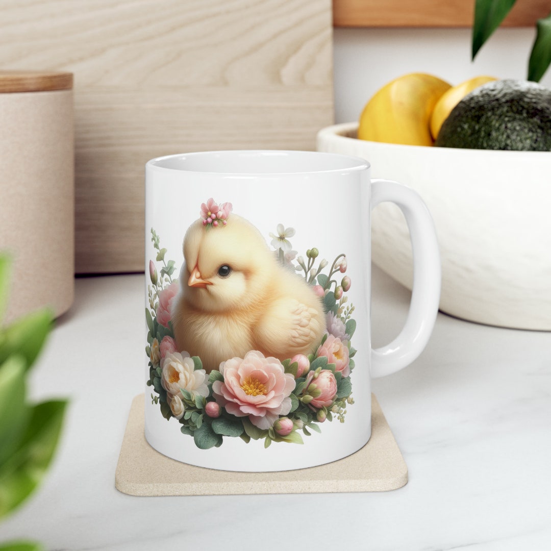 Flower Baby Chicken Mug Cute Chick and Flowers Ceramic Coffee Mug Bird ...