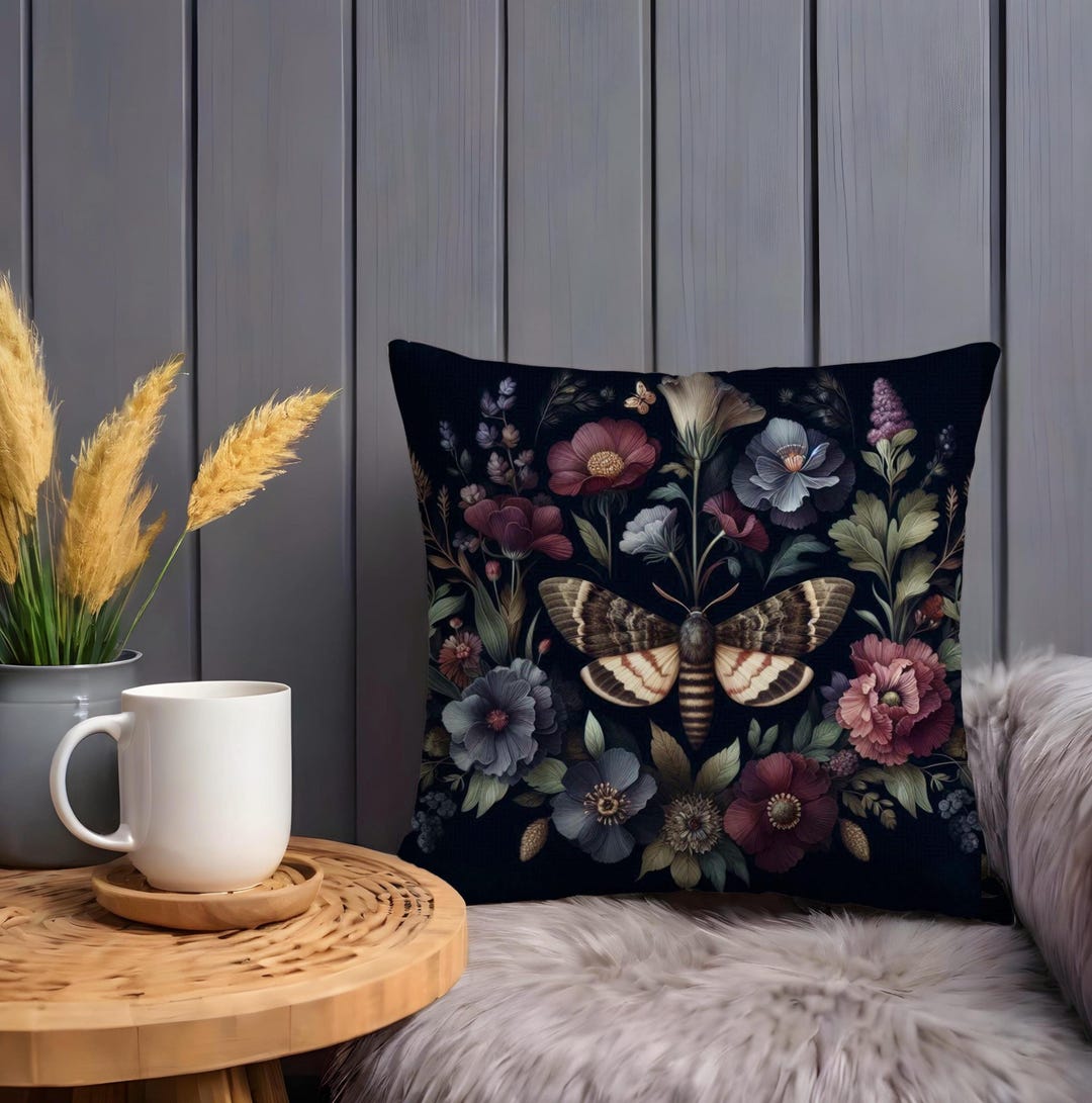 Floral Moth Pillow Dark Cottagecore Throw Cushion Flower Pillow Vintage ...