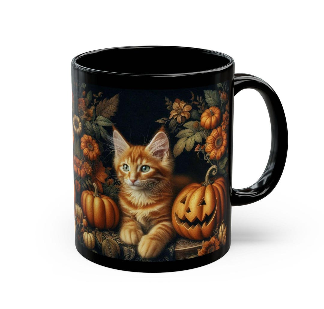 Halloween Cat Mug Cute Ginger Kitten and Pumpkin Coffee Mug Halloween ...