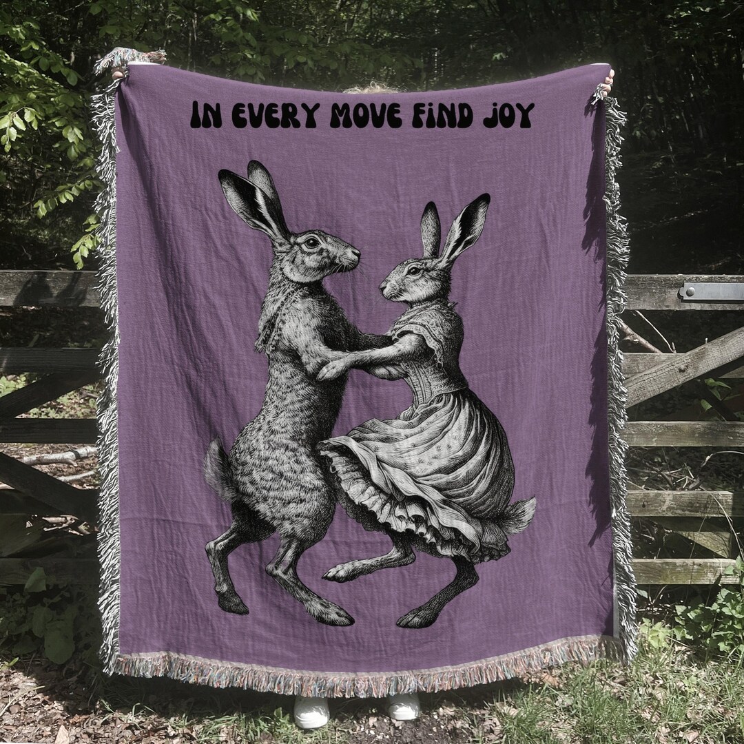 Dancing Rabbits Woven Blanket 100% Cotton Rug Vintage Bunnies Woven ...