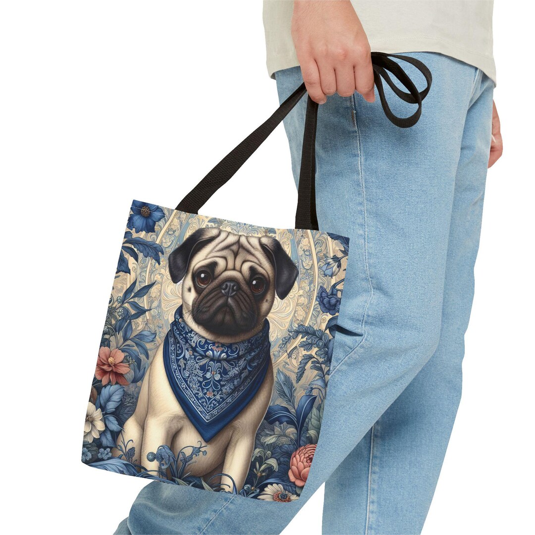 Cute Pug Tote Bag William Morris Inspired Dog Bag Blue Floral Vintage ...