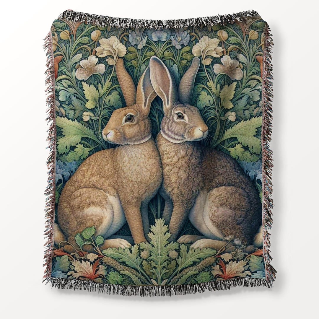 Rabbits Woven Blanket William Morris Inspired 100% Cotton Rug Vintage ...