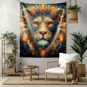 Fire Lion Indoor Wall Tapestry Cosmic Lion Artwork Spiritual Animal ...