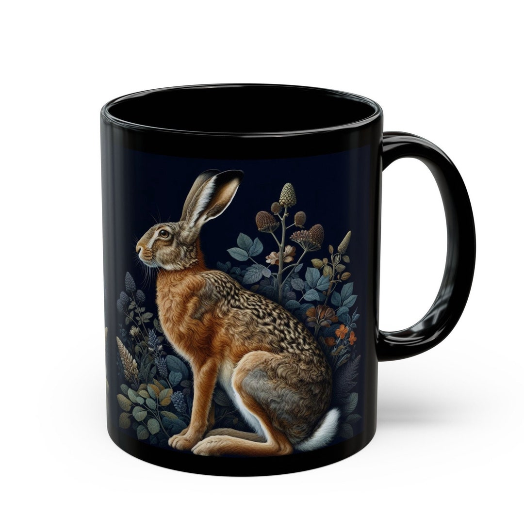 Forest Hare Black Mug William Morris Inspired Rabbit Coffee Mug Floral ...
