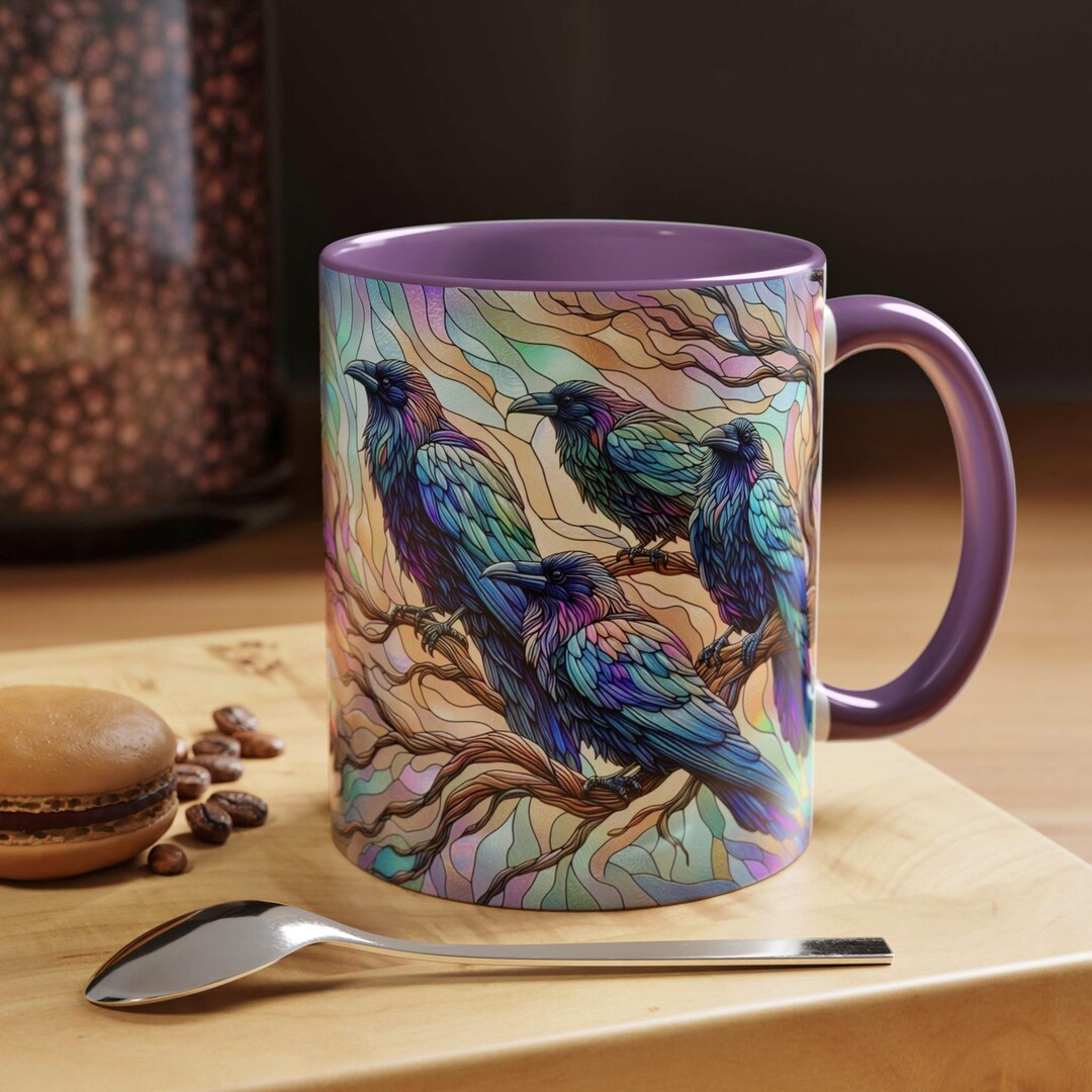 Iridescent Ravens Art Mug - Colorful Stained Glass Effect Teacup With ...