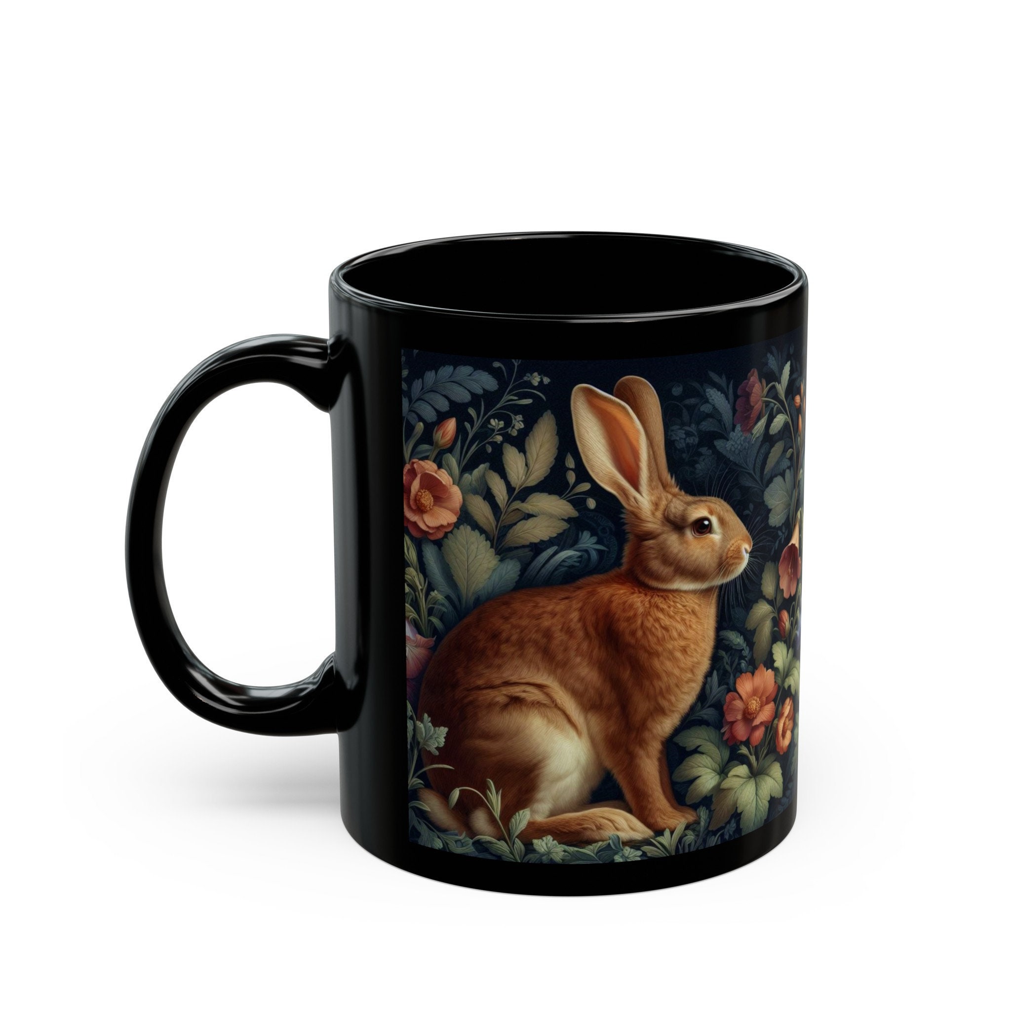 Brown Rabbit Mug William Morris Inspired Bunny and Flowers Black Coffee ...