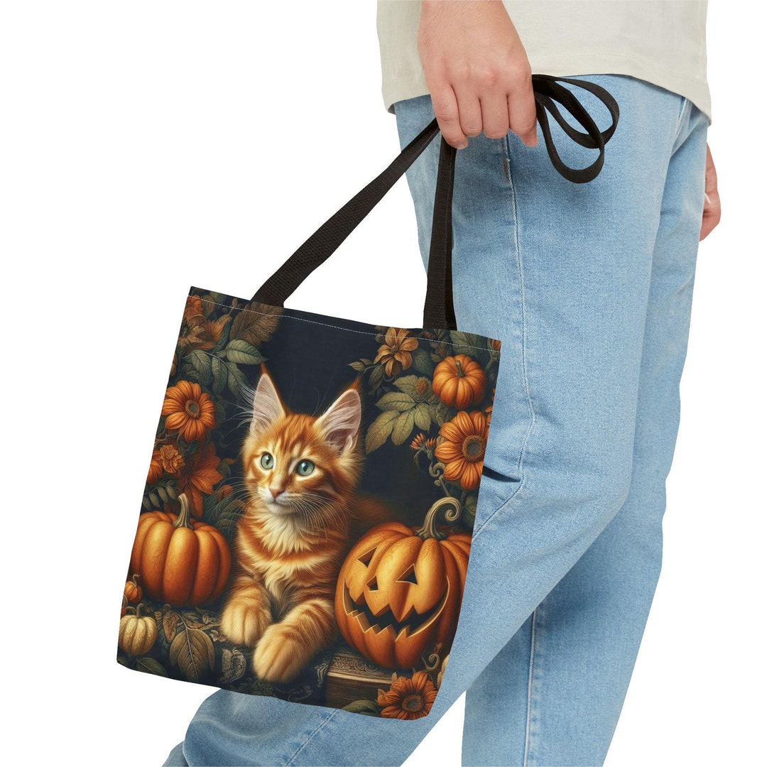 Ginger Cat Tote Bag Halloween Shopping Bag Kitten and Pumpkin Bag ...