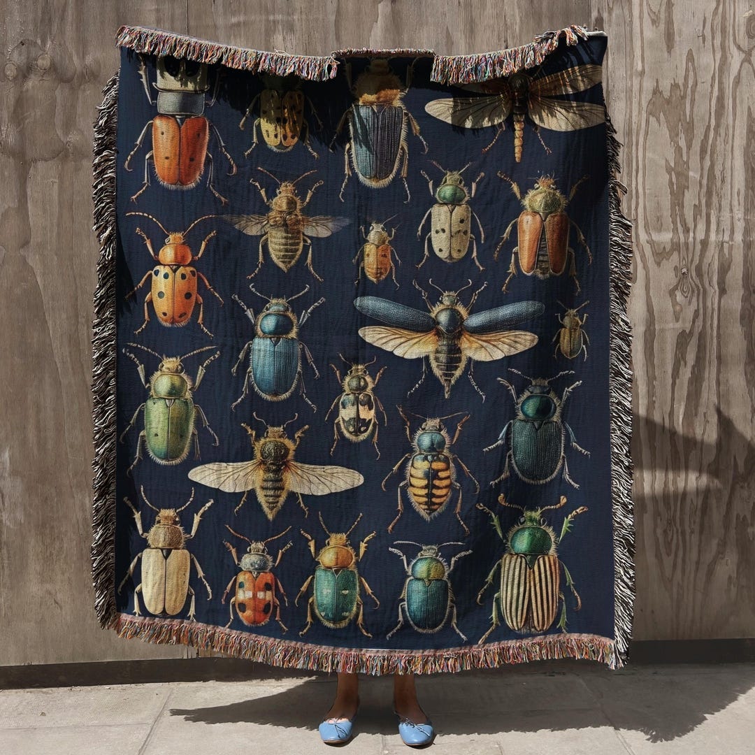 Colorful Bugs Woven Blanket 100% Cotton Rug Vintage Insects Home Decor ...