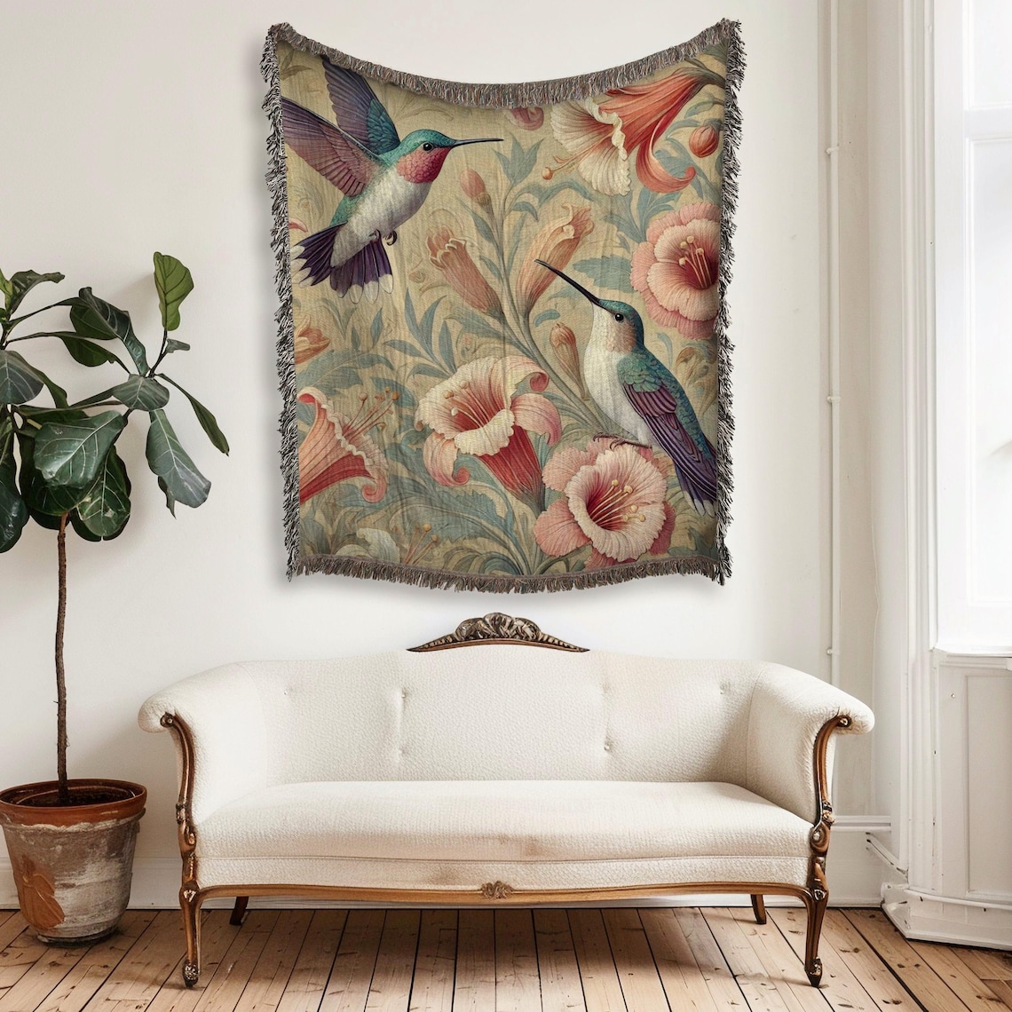 Hummingbirds Woven Blanket William Morris Inspired 100% Cotton Vintage ...