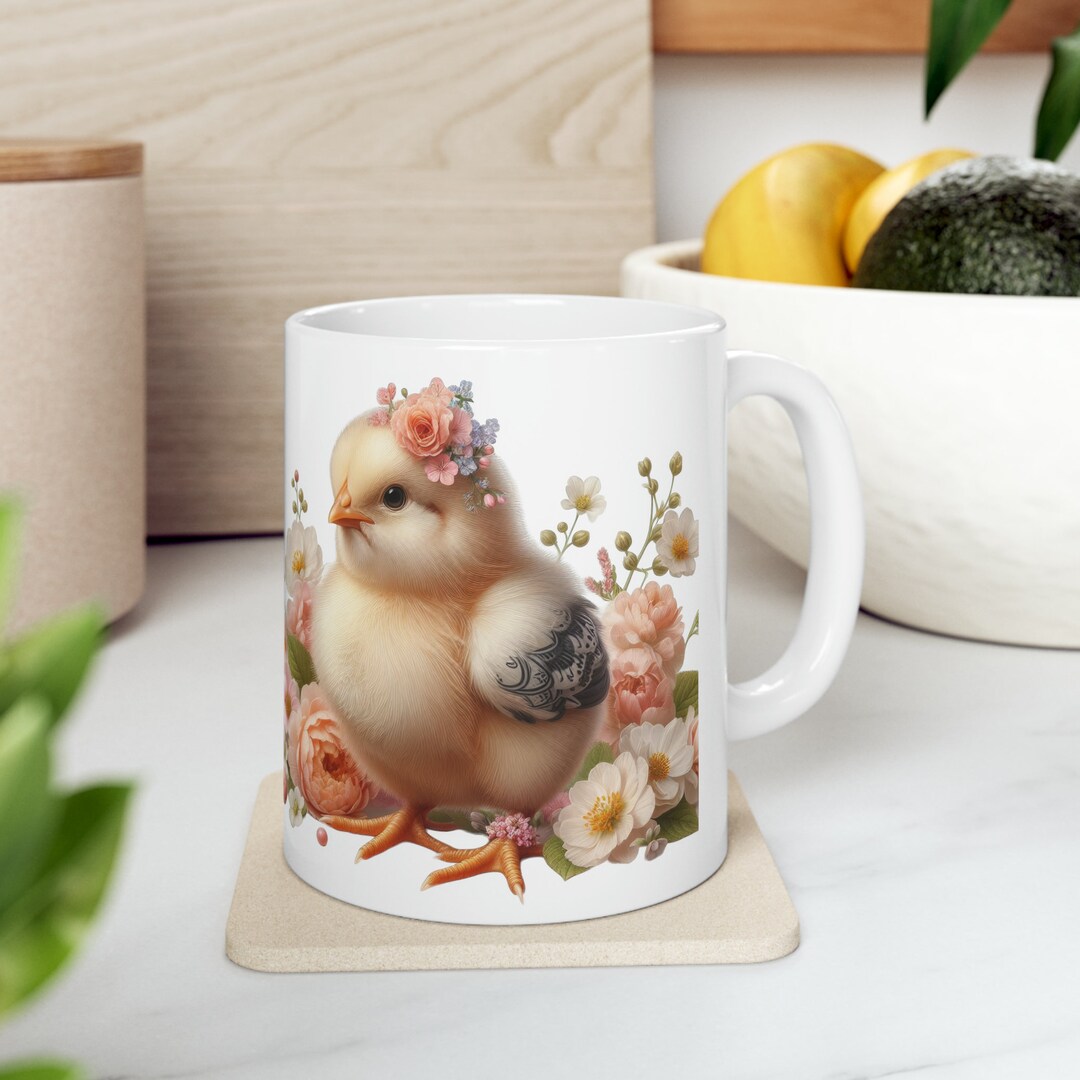 Cute Baby Chicken Mug Cute Chick and Flowers Ceramic Coffee Mug Bird ...