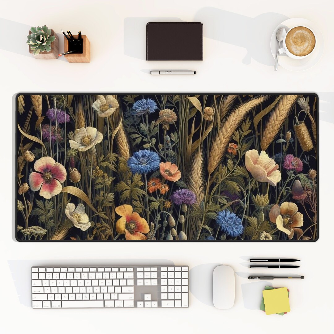 Dark Floral Desk Mat Vintage Botanical Decor Nature Inspired Office ...