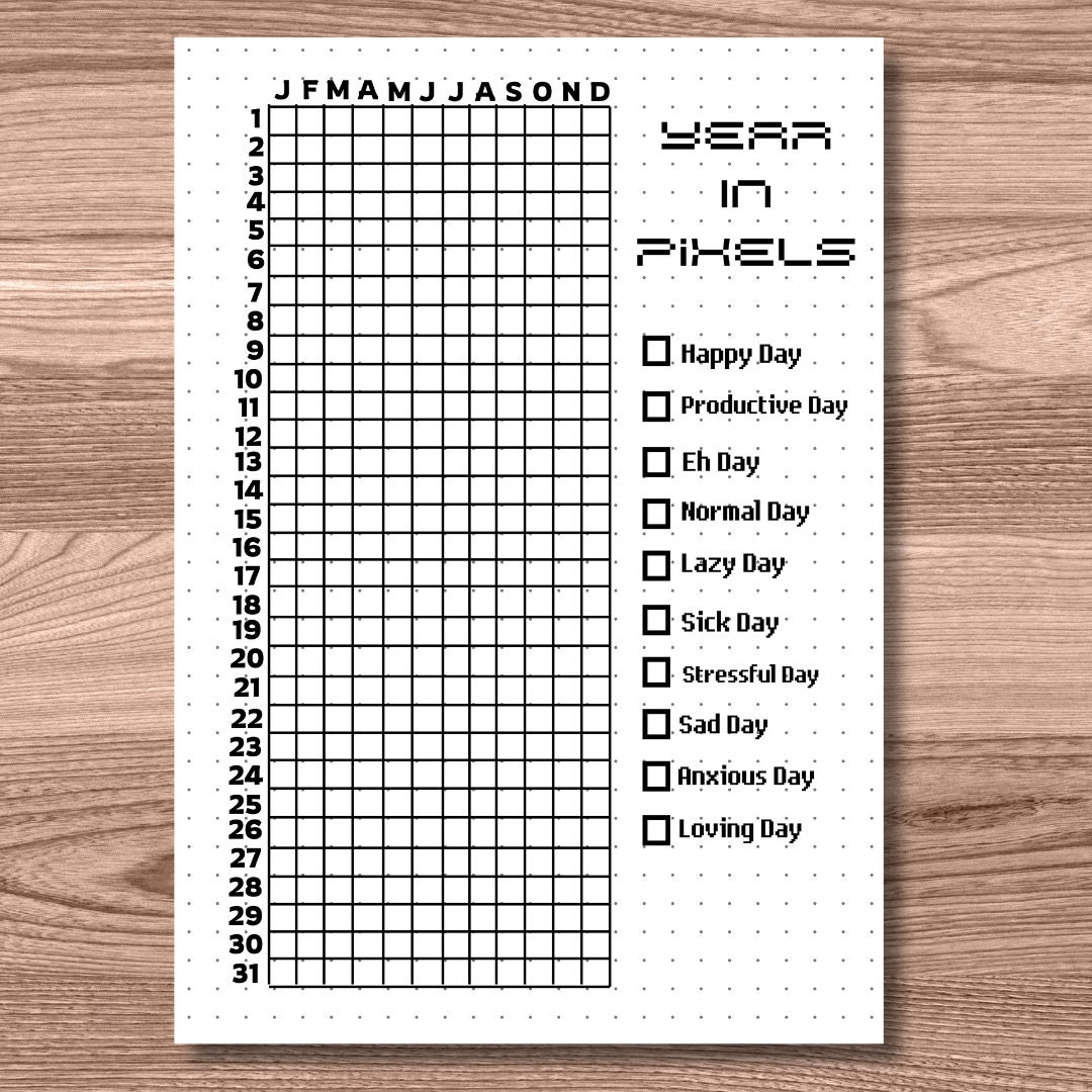 Year in Pixels A5 Journal Page PRINTABLE Tracker Yearly Tracker Habit ...