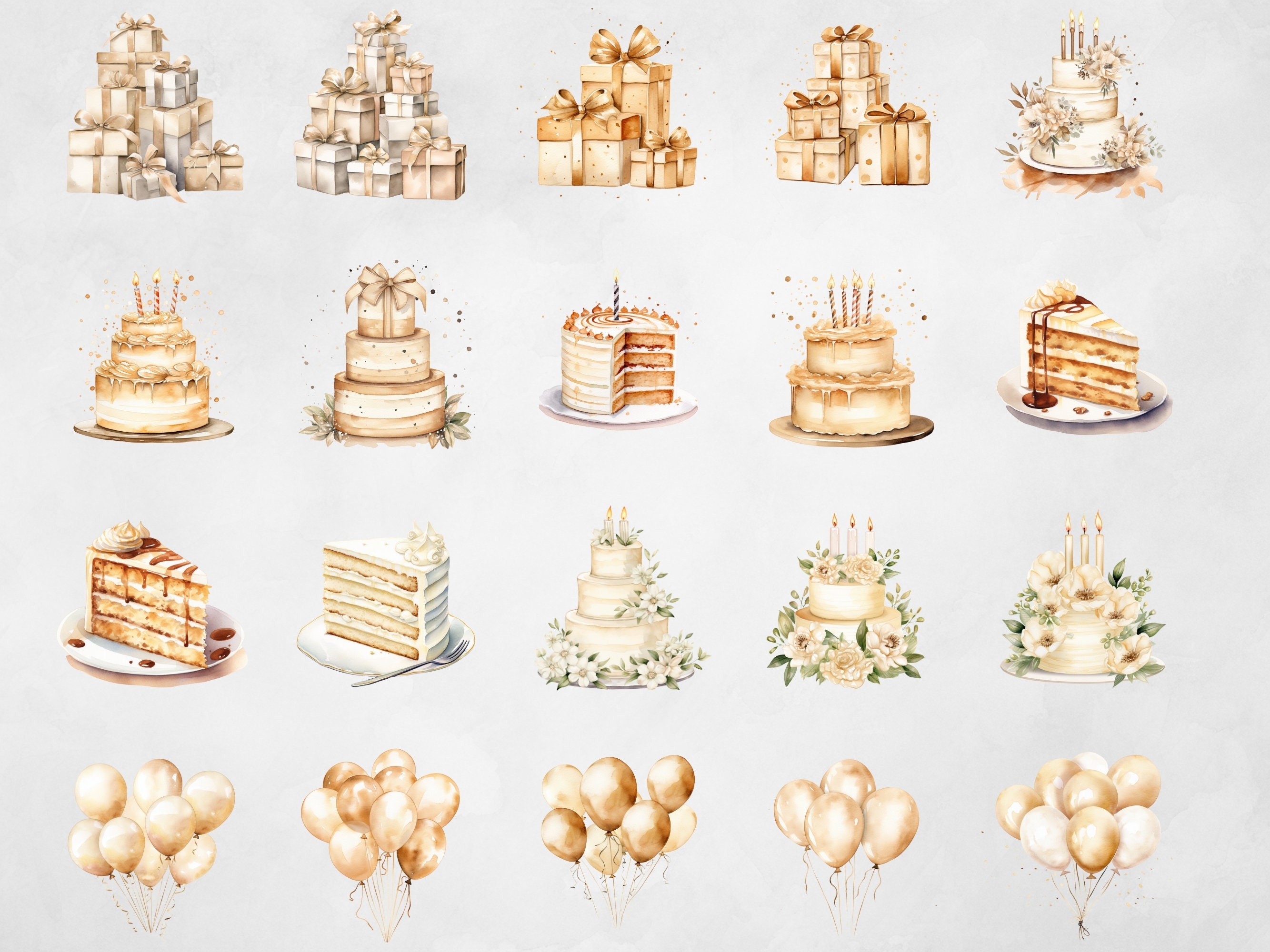 Neutral Birthday Clipart, Watercolor Birthday Clipart, Beige Birthday ...
