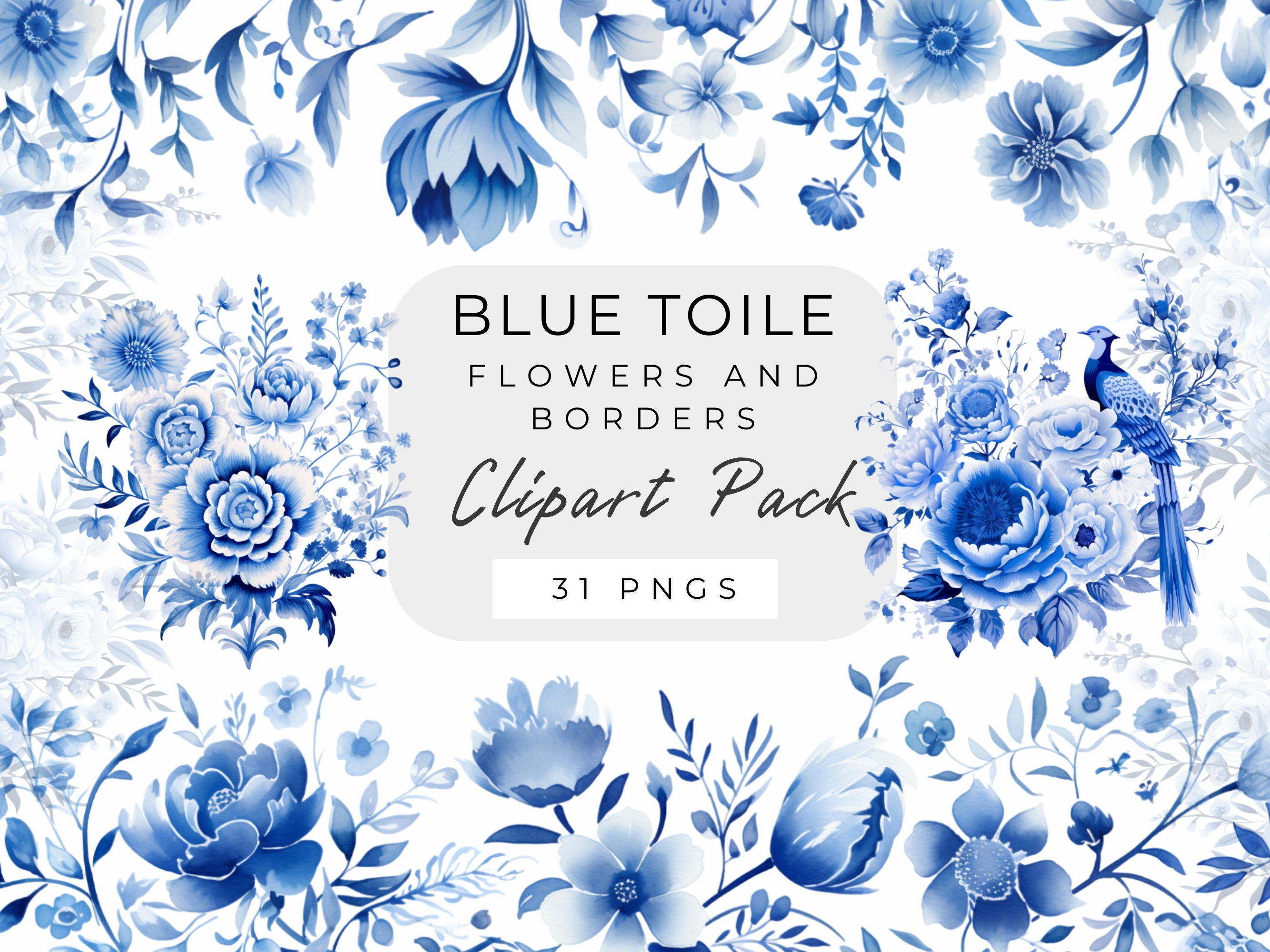 Blue Toile Flowers Clipart, Toile Border Clipart, French Blue Frame ...