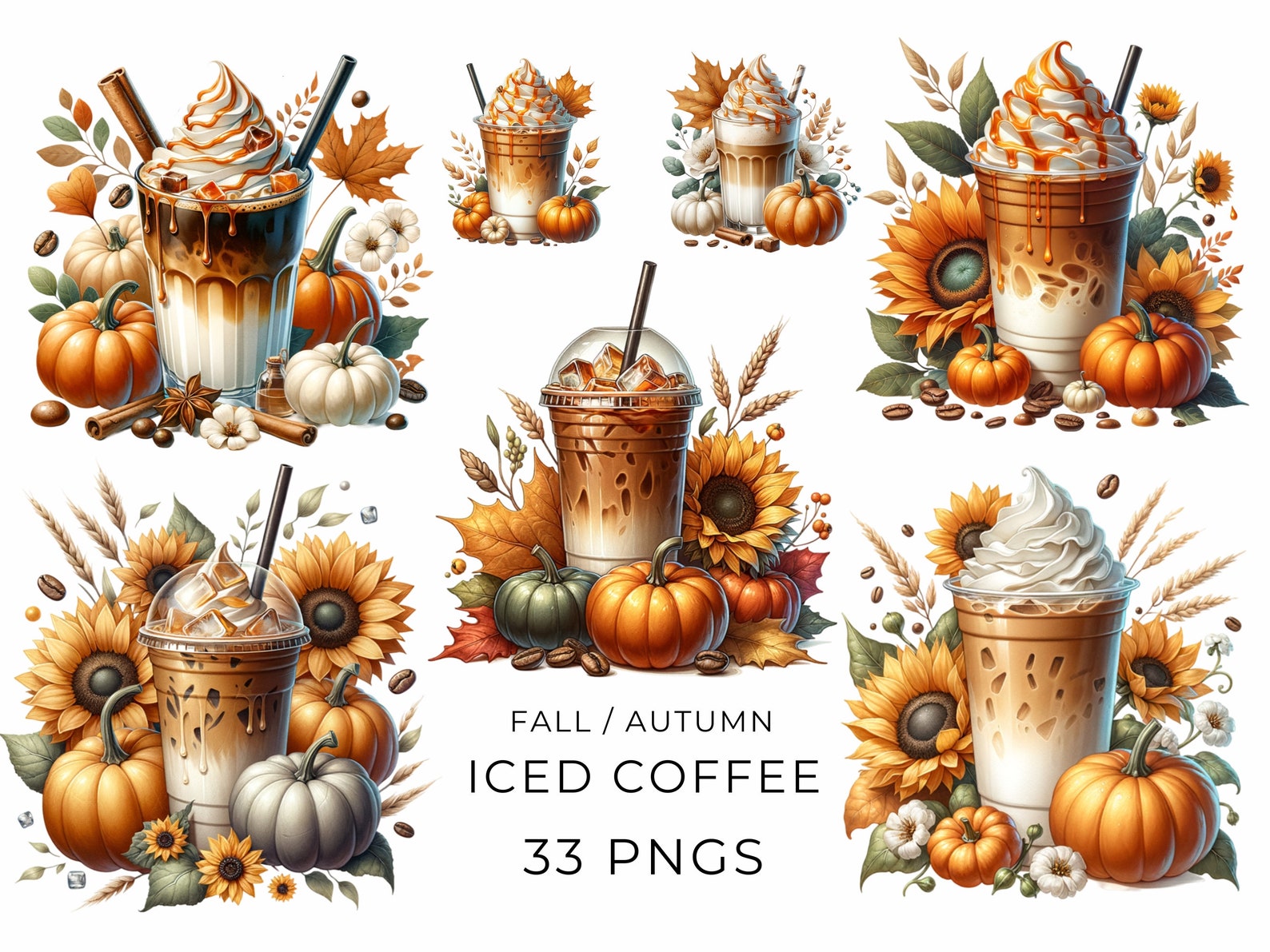 Fall Autumn Iced Coffees Clipart,fall Coffee Png,fall Drinks Png ...