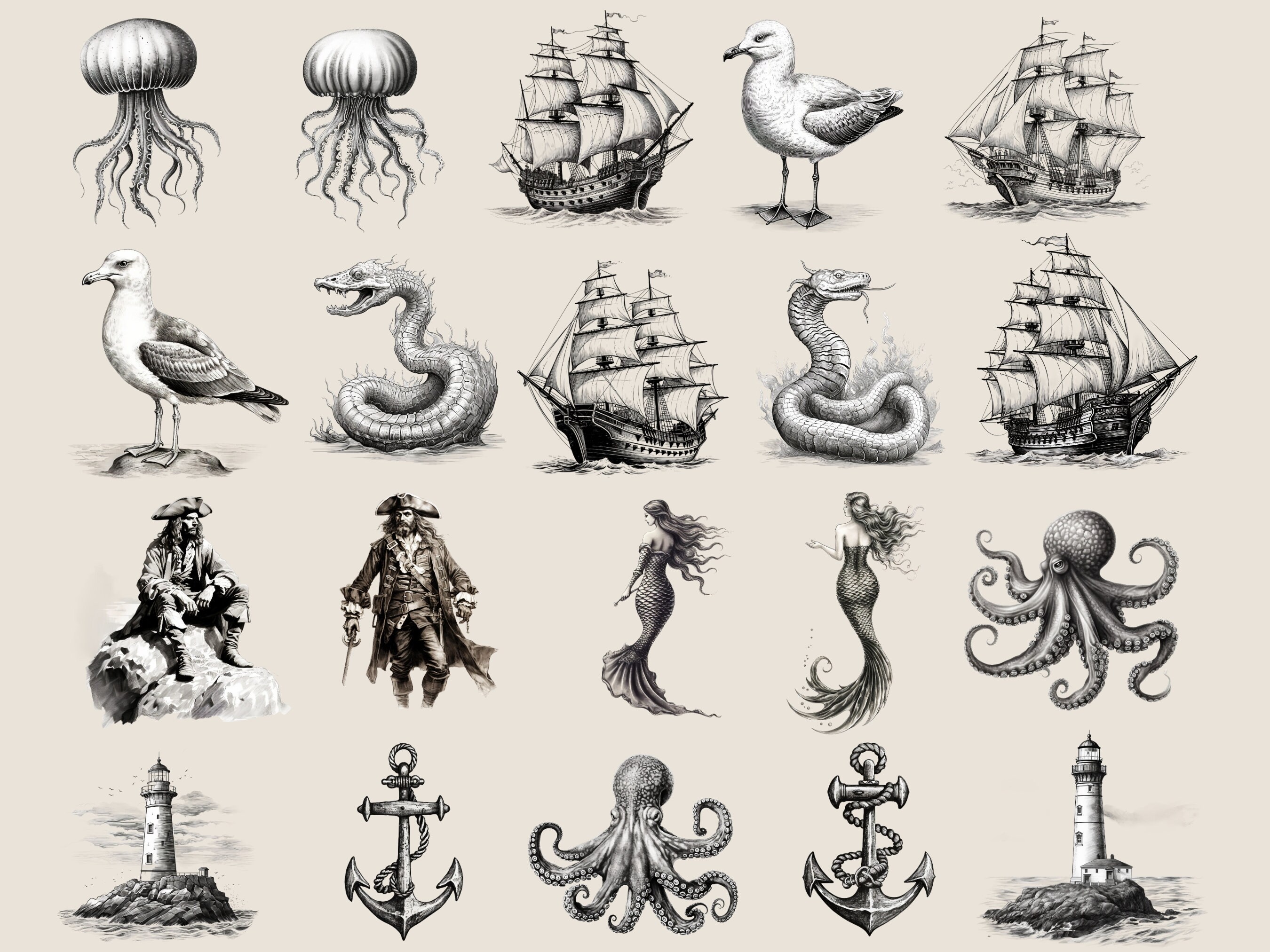 Vintage Nautical Clipart, Nautical Illustrations Clipart,black and ...