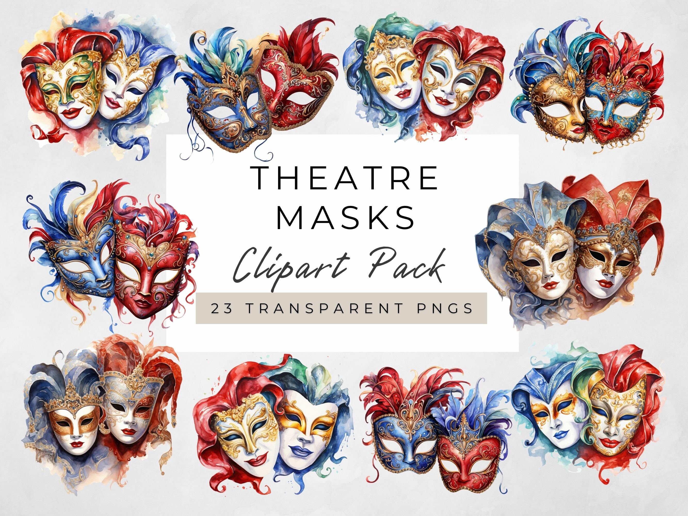 Theatre Masks Clipart, Vintage Theatre Masks PNG Graphics, Comedy ...