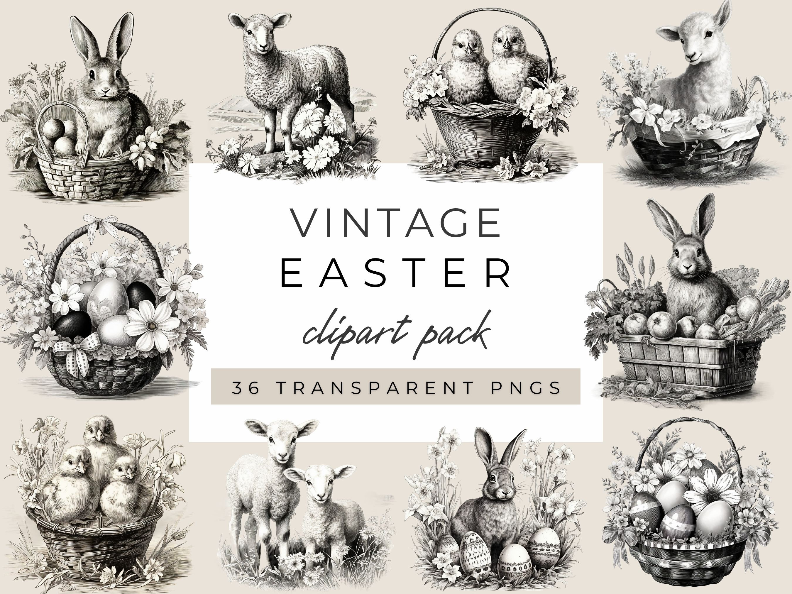 Vintage Easter Clipart, Easter Illustrations Clipart,black and White ...