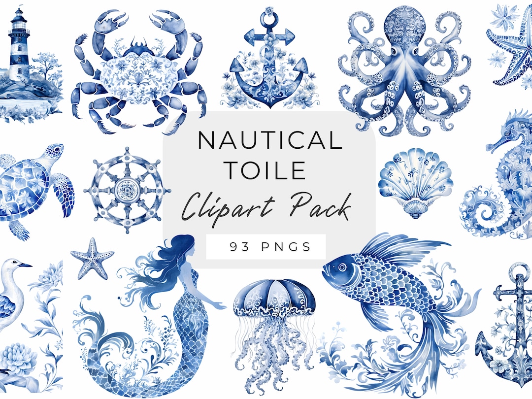 Nautical Blue Toile Clipart,watercolor Toile Clipart,toile De Jouy Blue ...