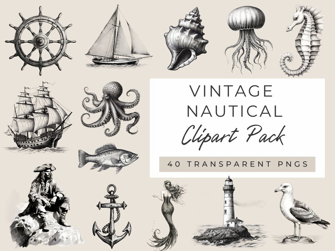 Vintage Nautical Clipart, Nautical Illustrations Clipart,black and ...