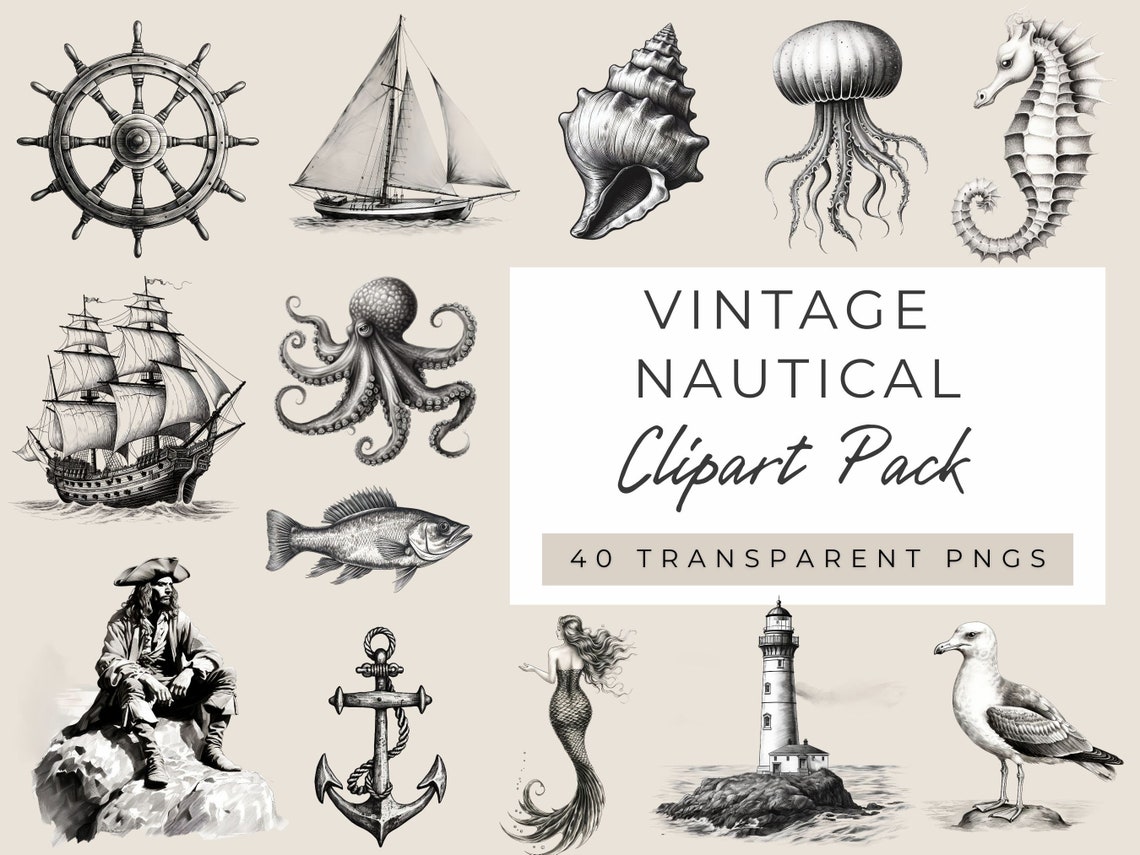 Vintage Nautical Clipart, Nautical Illustrations Clipart,black and ...
