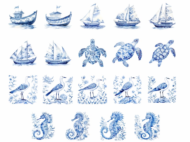 Nautical Blue Toile Clipart,watercolor Toile Clipart,toile De Jouy Blue ...