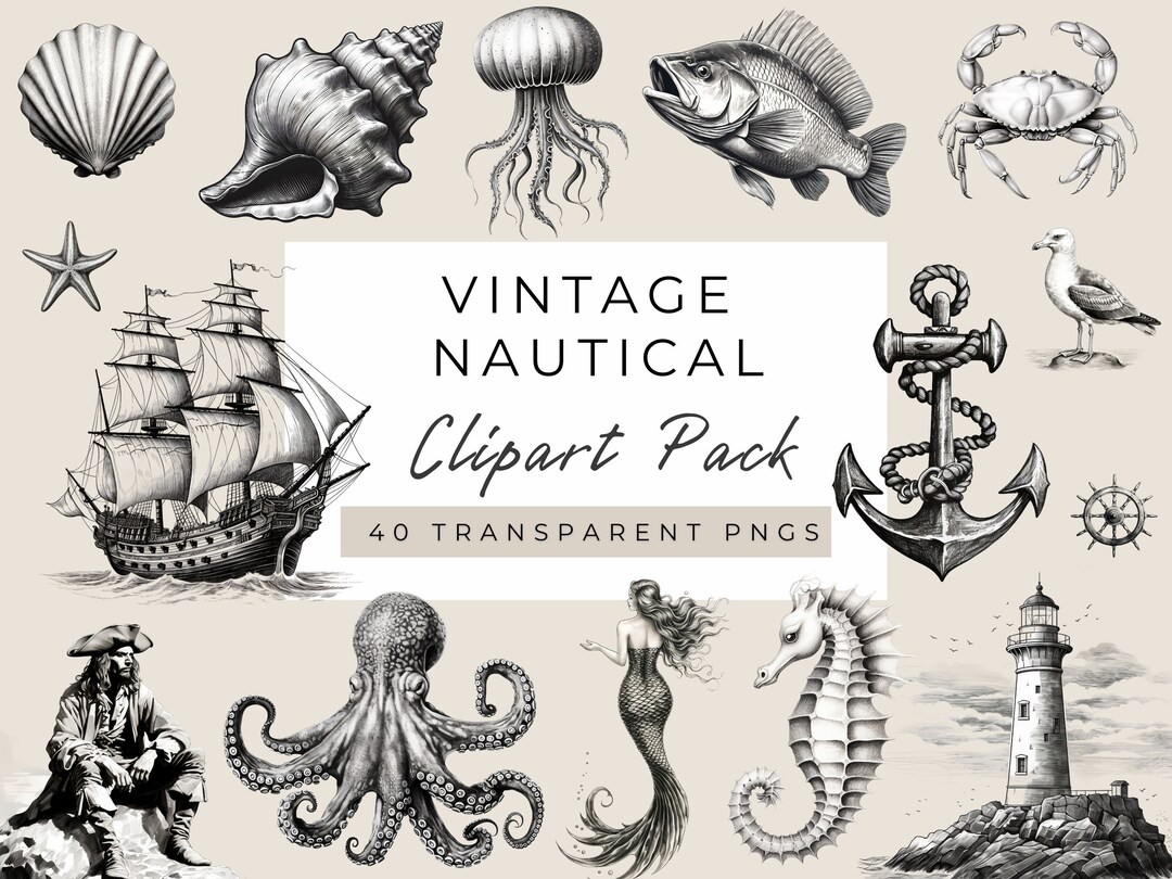 Vintage Nautical Clipart, Nautical Illustrations Clipart,black and ...