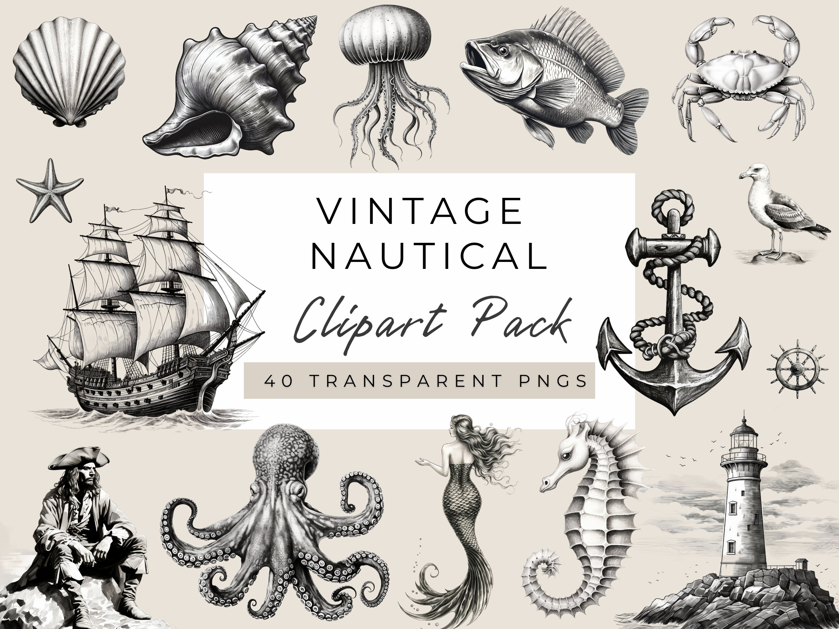Vintage Nautical Clipart, Nautical Illustrations Clipart,black and ...