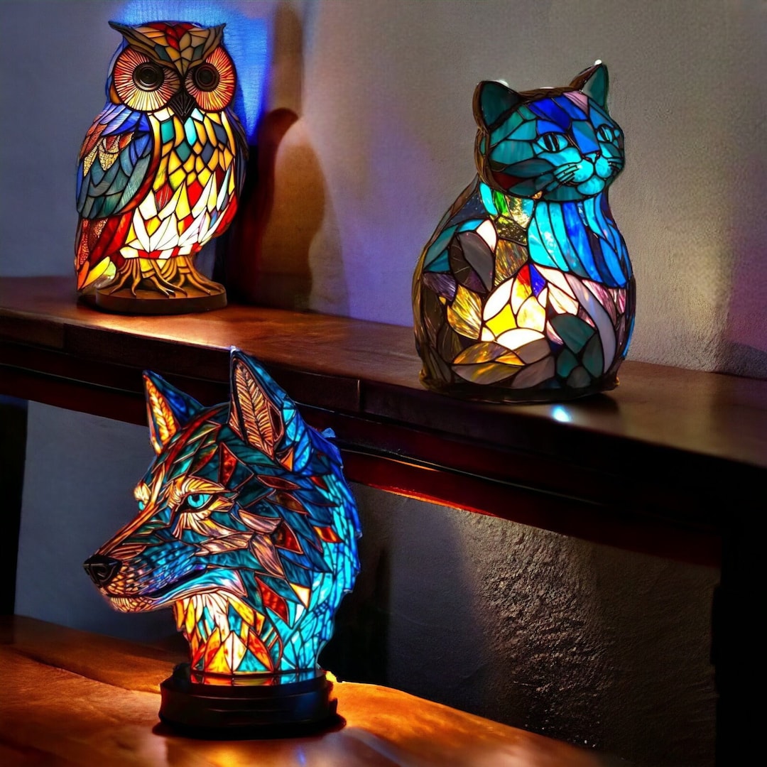 Stained Glass Animal Lamp, Animal Night Light, Desk Lamp, Wolf Night ...