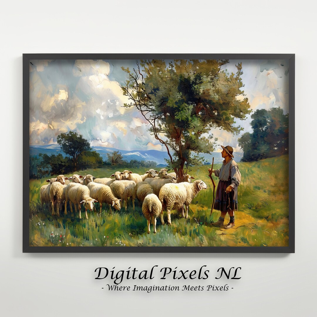 A Shepherd and His Sheep, Printable Nature Scene, Vintage Painting ...