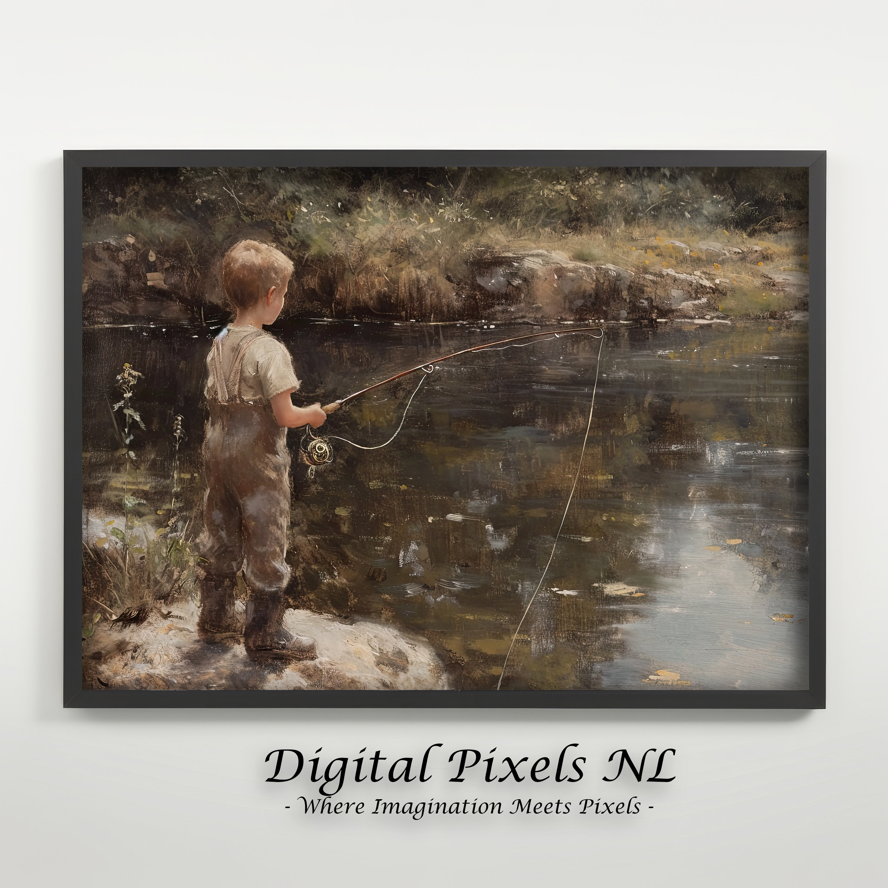 Little Boy Fishing, Printable Nature Scene, Vintage Painting, Antique ...