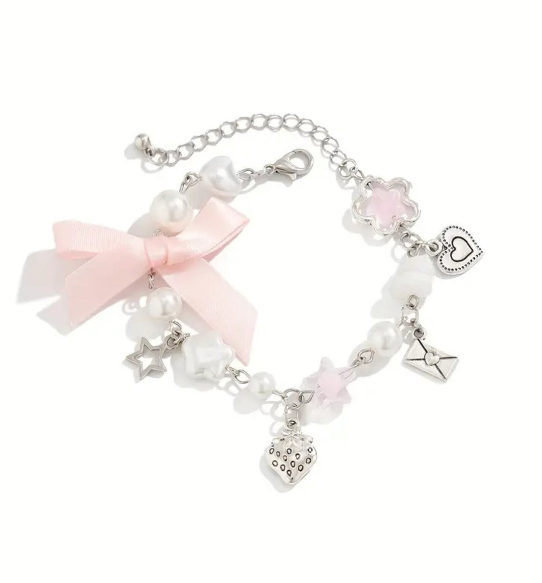 Blush Pink Bow Charm Chain Bracelet, Strawberry, Jewelry for Girls ...