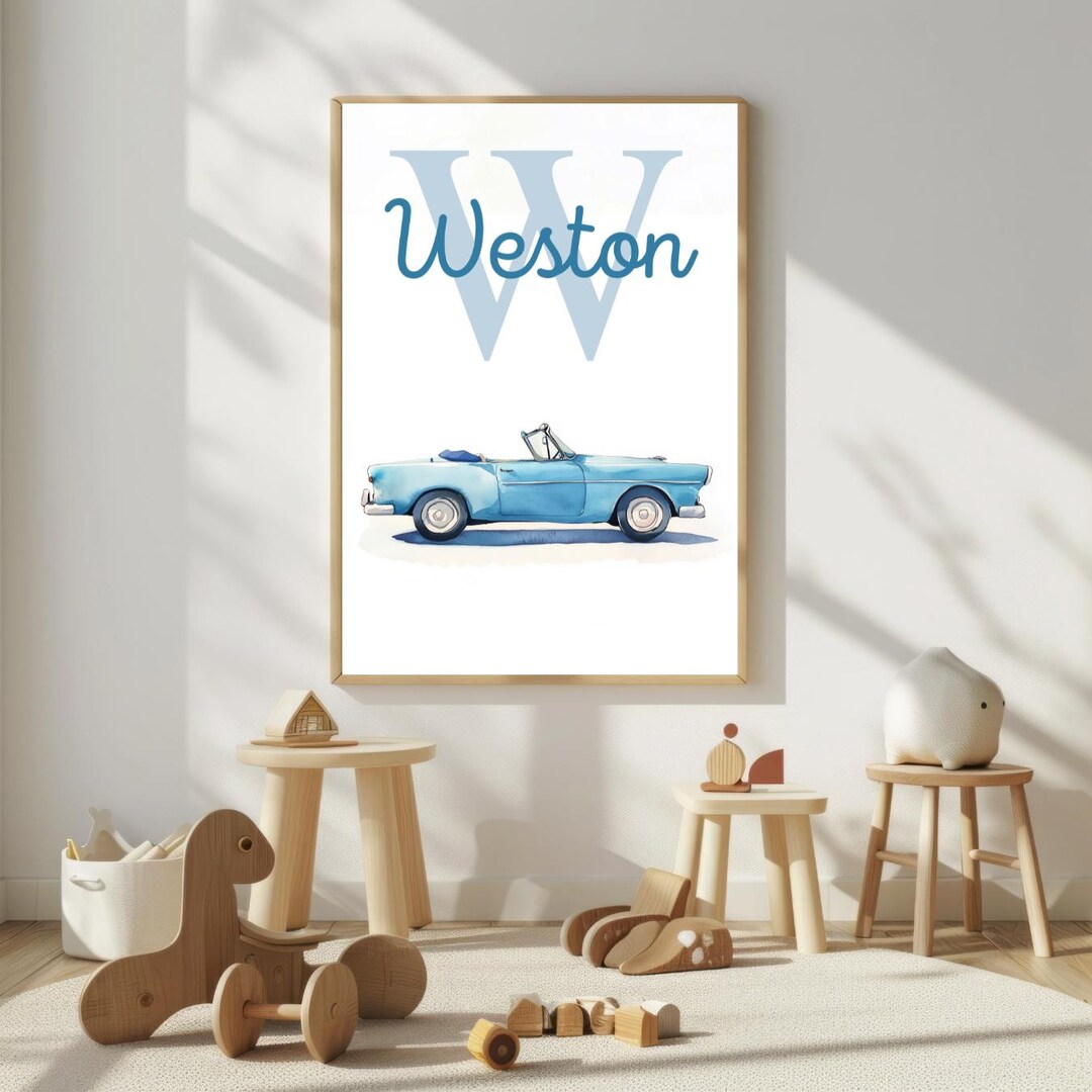 Personalized Vintage Car Name Print – Boys Nursery Wall Art – Custom ...