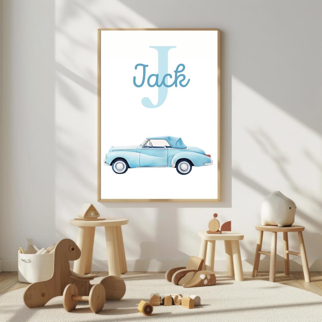 Personalized Vintage Car Name Print – Boys Nursery Wall Art – Custom ...