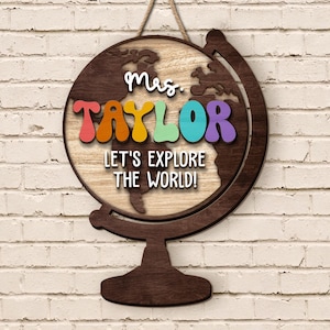 Personalized Teacher Door Sign, Custom World Map Globe Classroom Sign ...