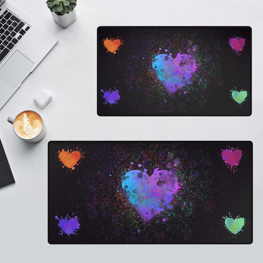 Vibrant Heart Splatter Desk Mat - Colorful Artistic Mouse Pad for Work ...