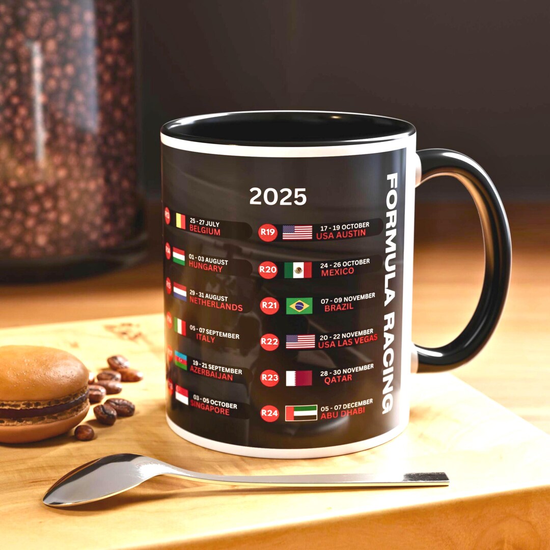 Formula Racing 2025 Calendar Tracks Dates Coffee Mug, Race Car ...