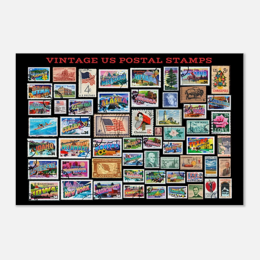 Vintage US Postal Stamps Collage, Retro American Postage Stamp Art ...