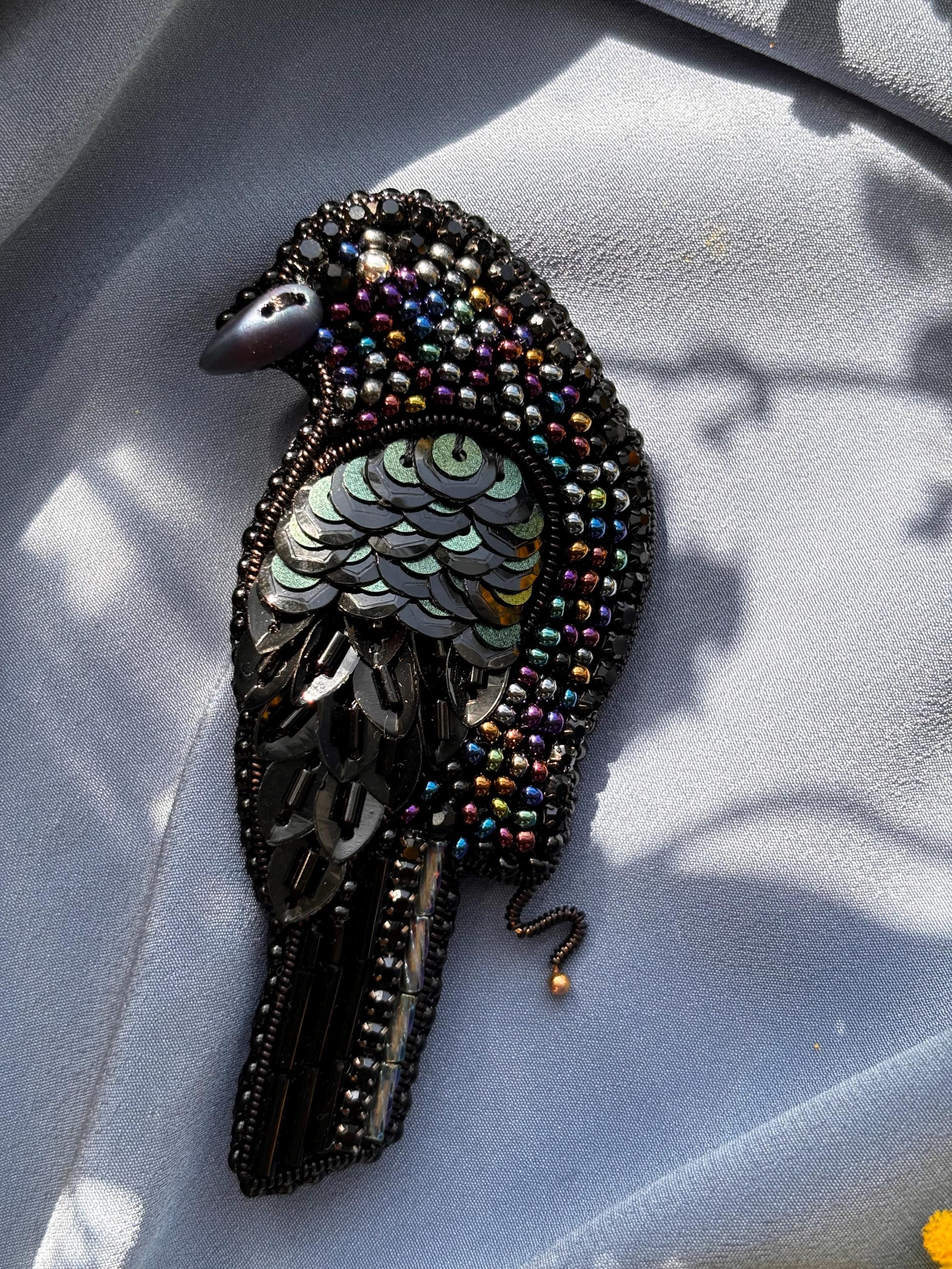 Gothic Raven Brooch, Black Beaded Bird Pin, Embroidered Witchy Jewelry ...