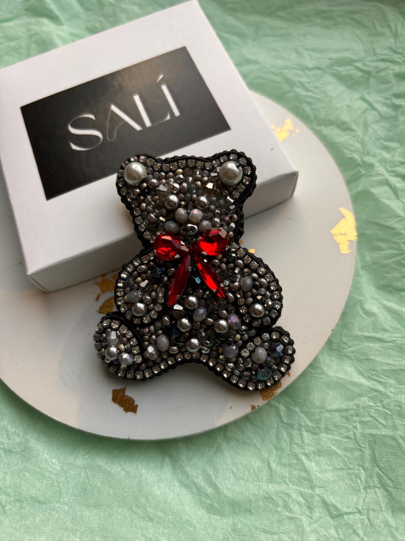 Velvet-backed Teddy Bear Brooch With Beads and Crystals, Christmas Gift ...