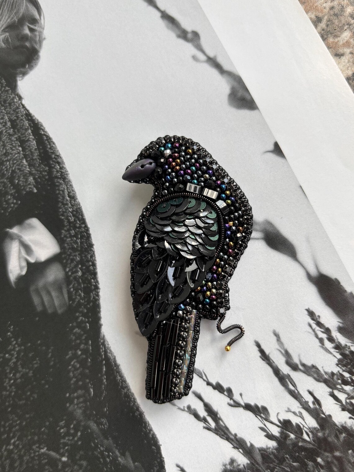 Gothic Raven Brooch, Black Beaded Bird Pin, Embroidered Witchy Jewelry ...
