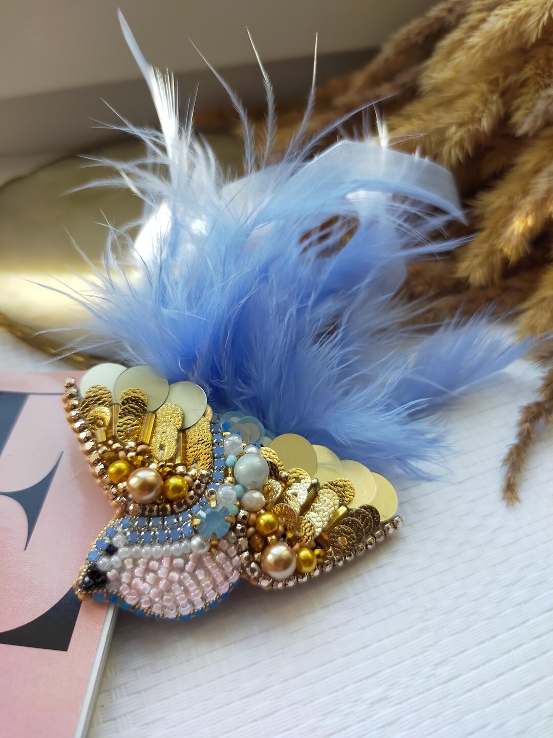 Embroidered Bird Brooch, Golden Sequins, Blue Feather Pin - Etsy