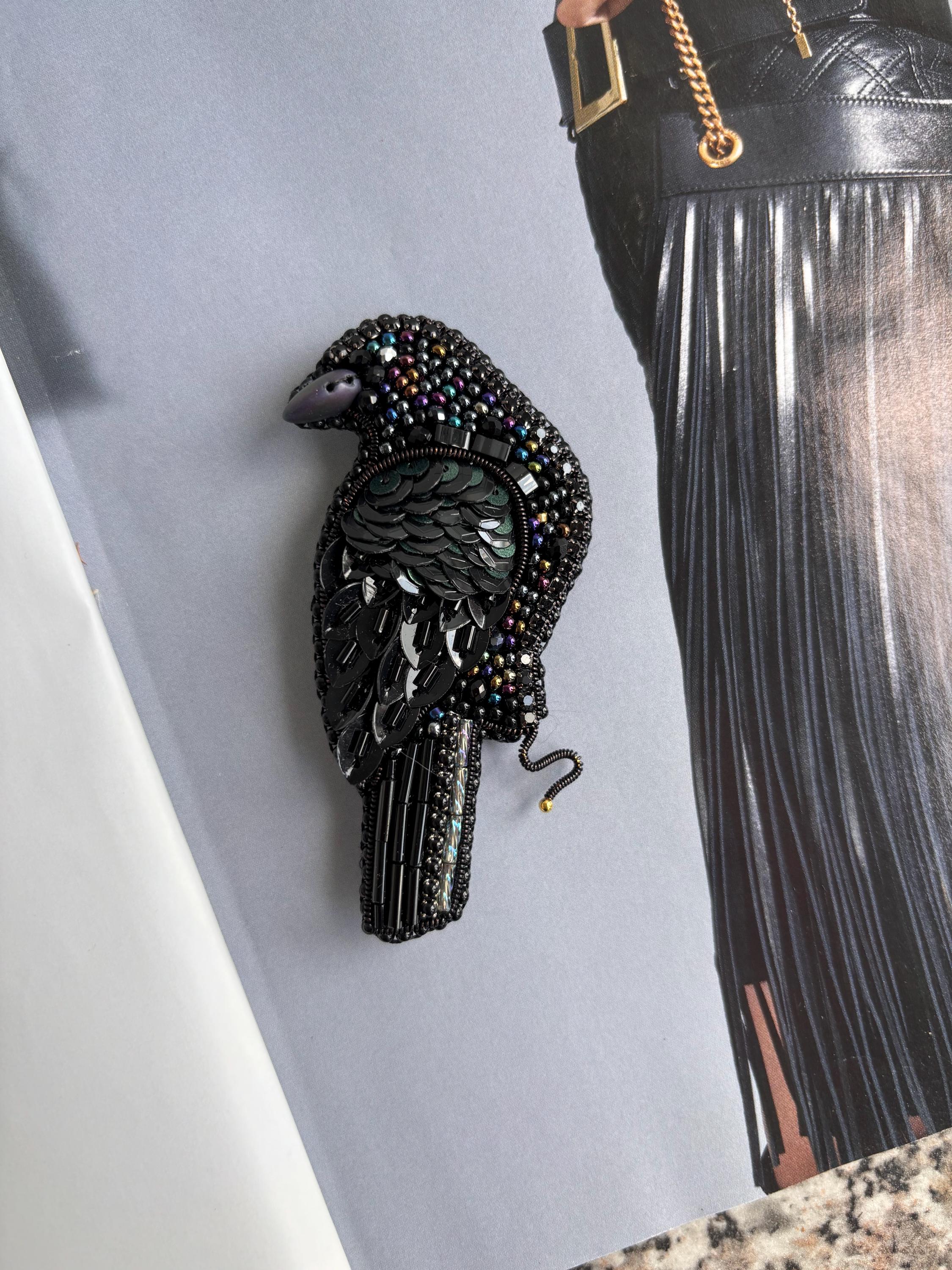 Gothic Raven Brooch, Black Beaded Bird Pin, Embroidered Witchy Jewelry ...