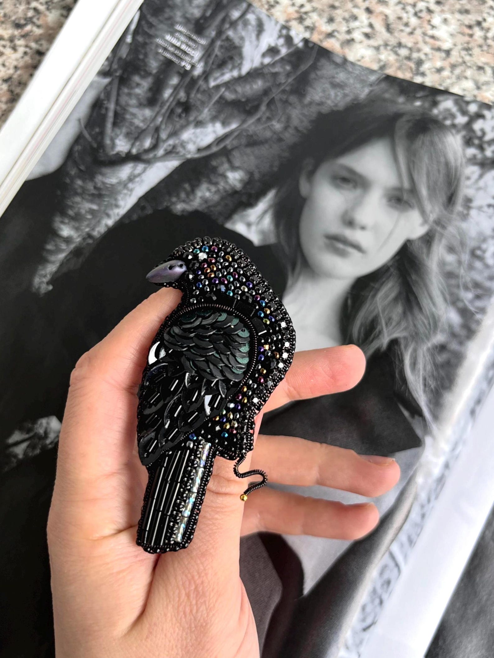 Gothic Raven Brooch, Black Beaded Bird Pin, Embroidered Witchy Jewelry ...