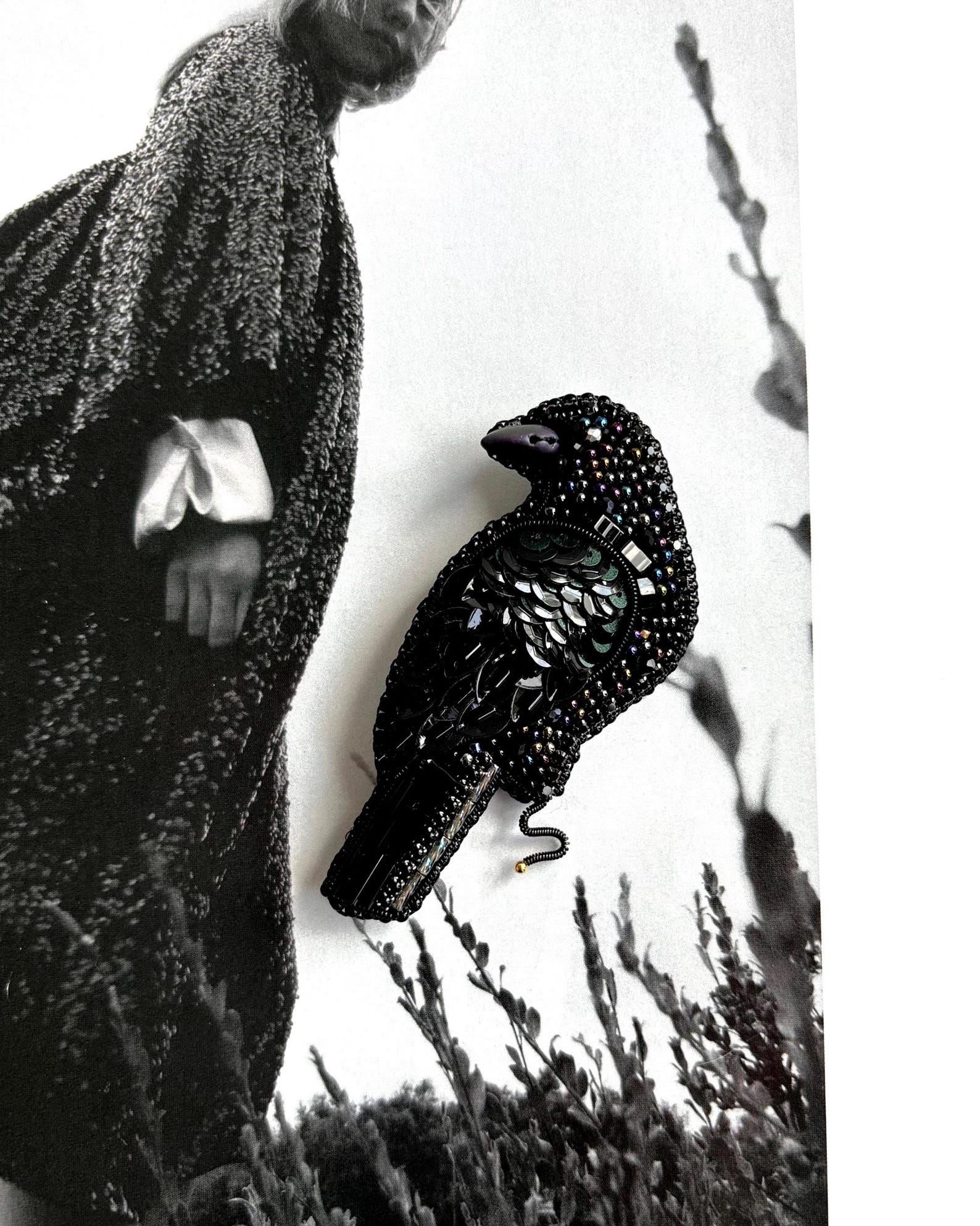 Gothic Raven Brooch, Black Beaded Bird Pin, Embroidered Witchy Jewelry ...