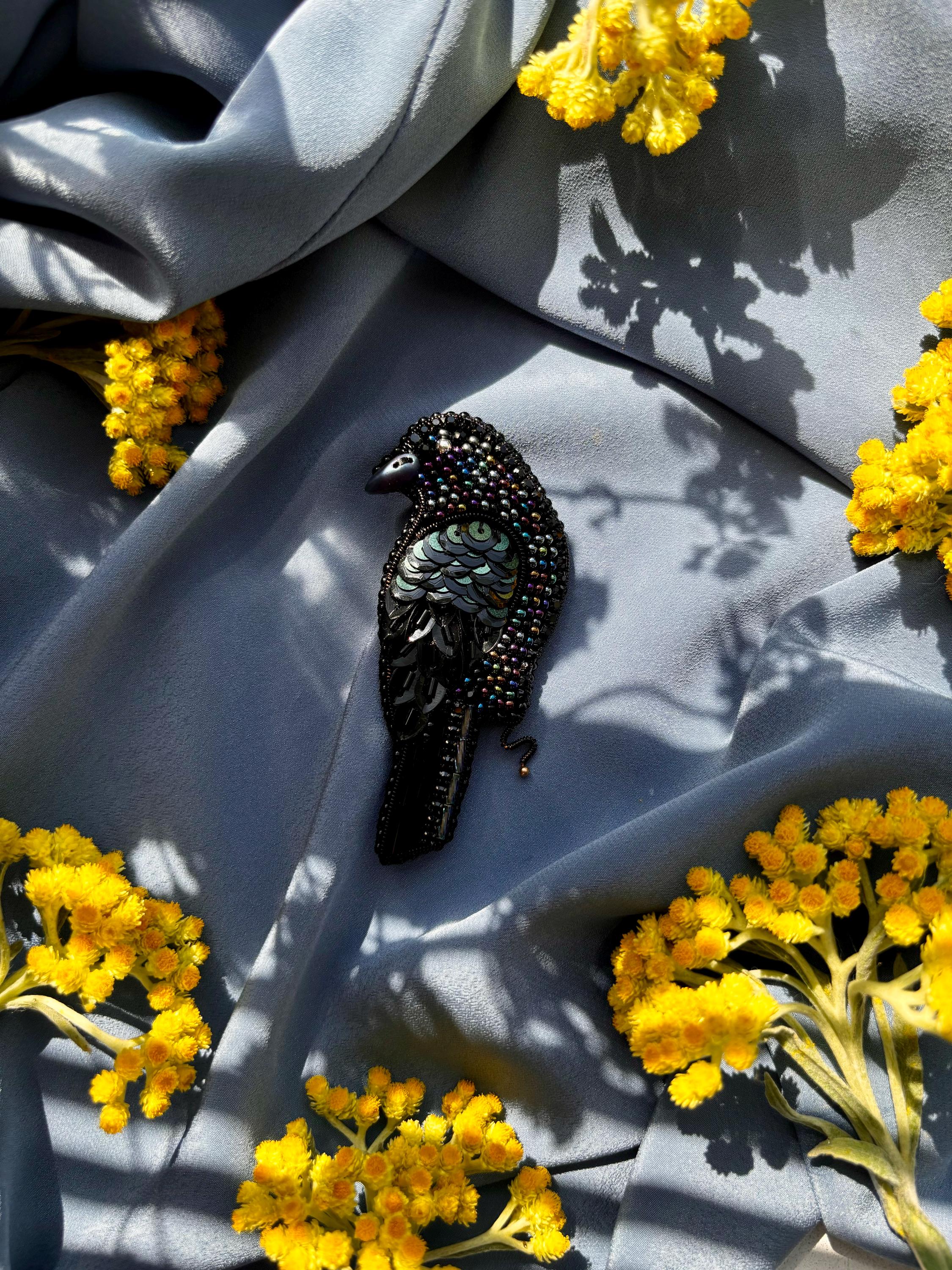 Gothic Raven Brooch, Black Beaded Bird Pin, Embroidered Witchy Jewelry ...