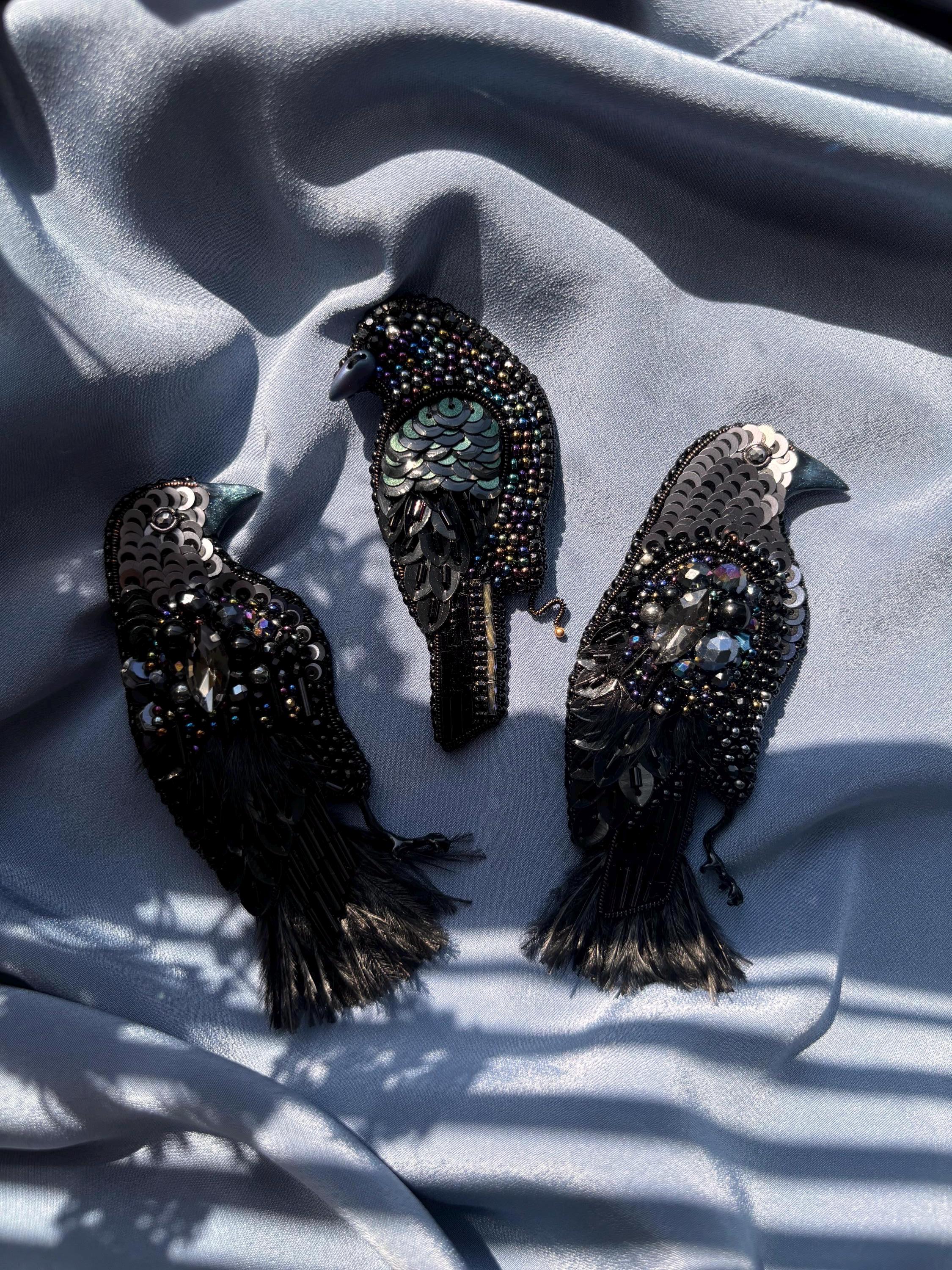 Gothic Raven Brooch, Black Beaded Bird Pin, Embroidered Witchy Jewelry ...