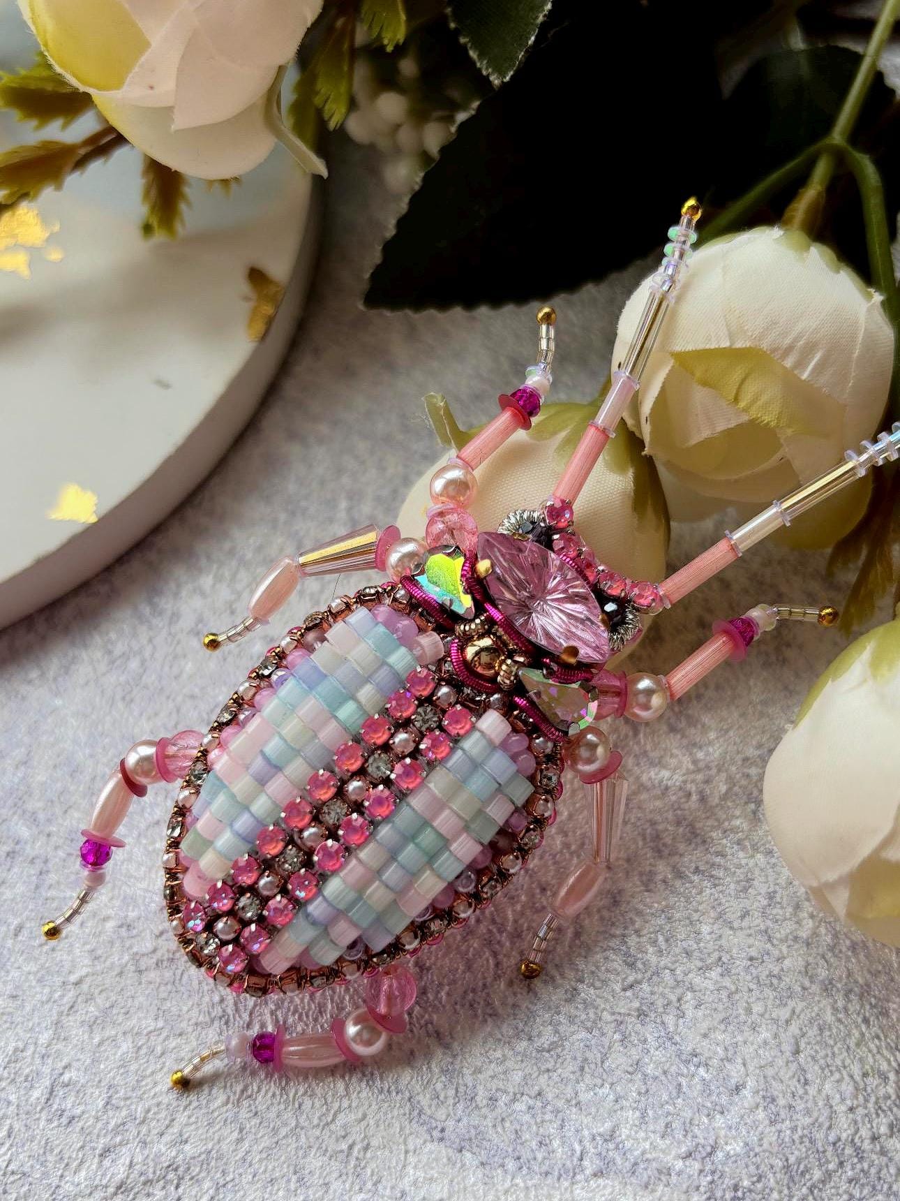 Pink Beetle Brooch, Beaded Bug Pin, Embroidered Insect Jewelry Gifts - Etsy