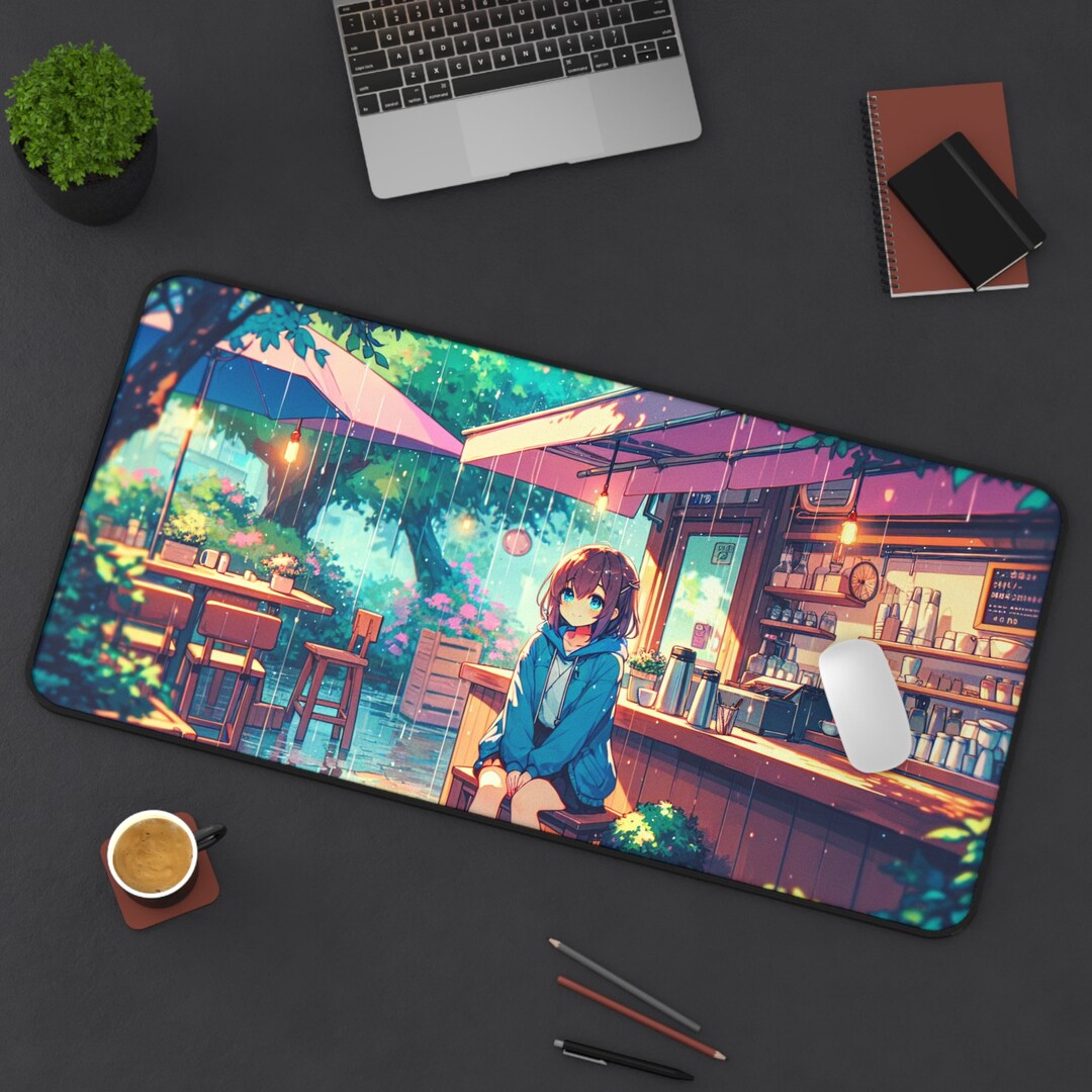 Lofi Anime Desk Mat Waifu Desk Mat Rainy Anime Desk Gift Anime Mouse ...