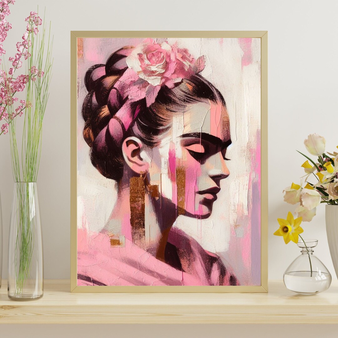 Frida Kahlo Art Print in Pink Tone With Brush Strokes and Textures ...